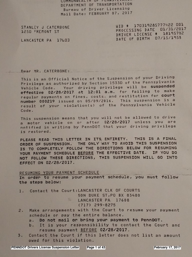 STAN J. CATERBONE PENNDOT SUSPENSION LETTER OF February 7, 2017 and ...