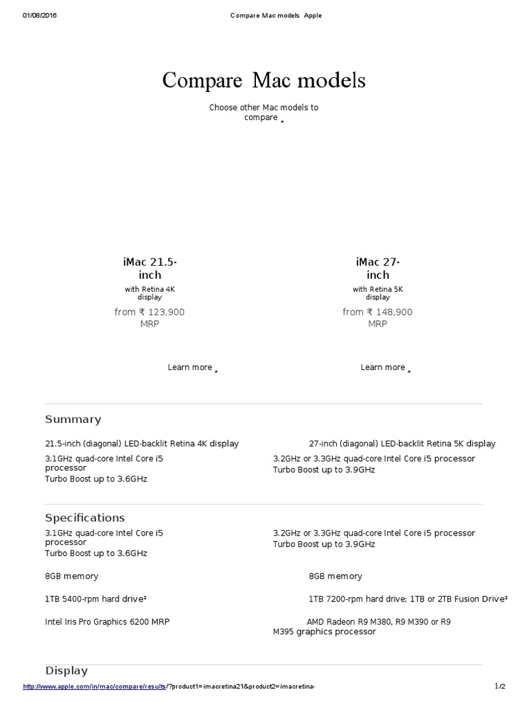 Compare Mac Models - Apple (IN) | PDF | Apple Inc. | Macintosh