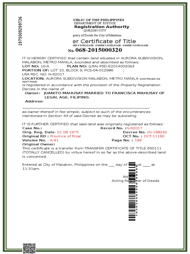 Transfer Certificate of Title: Land Registration Authority | PDF | Real ...