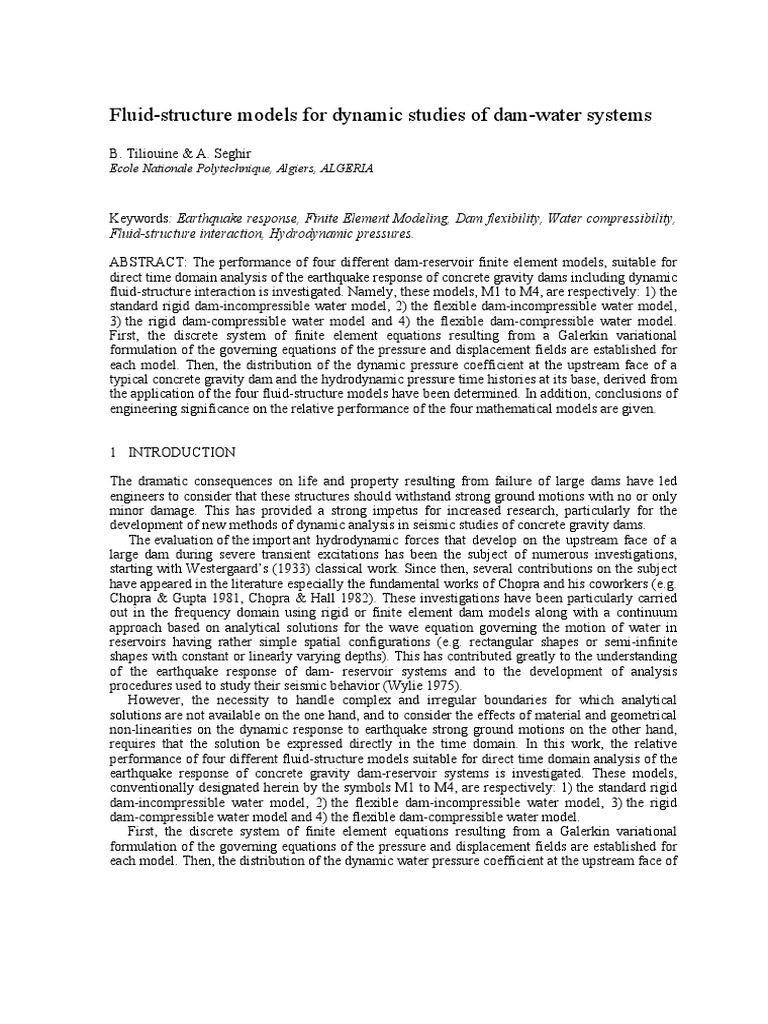 Fluid Structure Models For Dynamic Studies of Dam-Water Systems PDF ...
