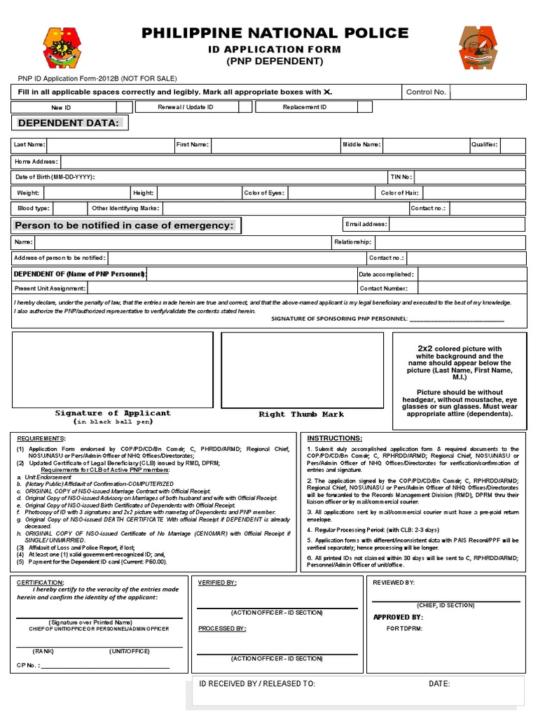 Philippine National Police: Id Application Form (PNP Dependent) | PDF ...