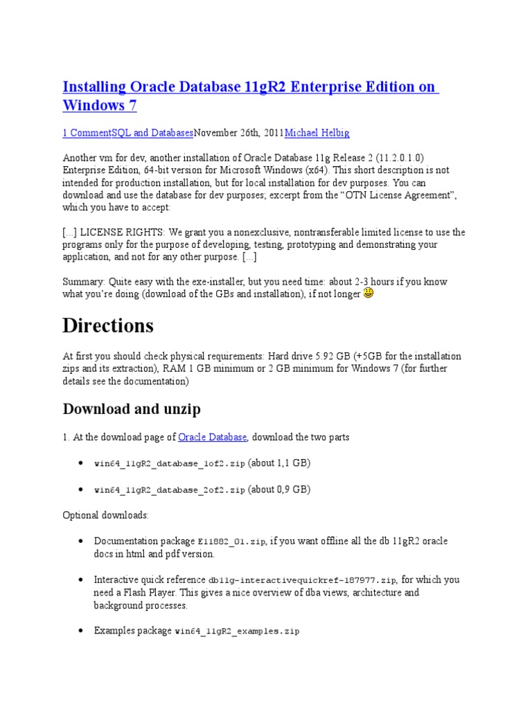 Installing Oracle Database 11gr2 Enterprise Edition On Windows 7 Pdf Oracle Database Zip 3563