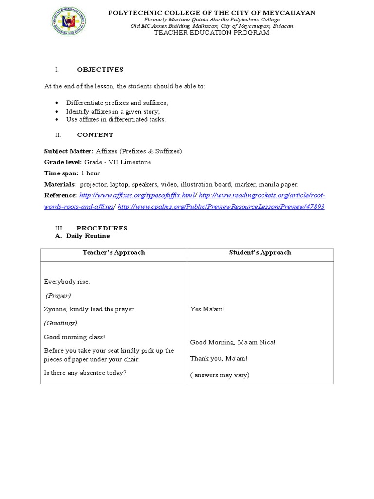 Lesson Plan Affixes | Lesson Plan | Grammar