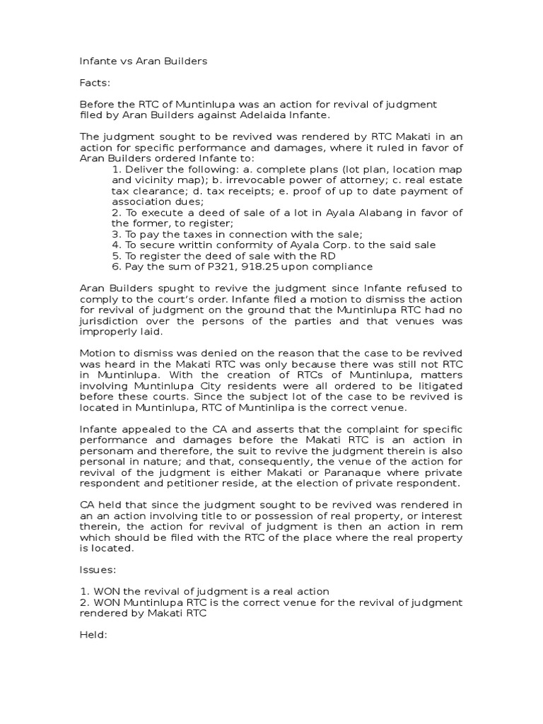 Infante Vs Aran Builders | PDF | Judgment (Law) | Lawsuit