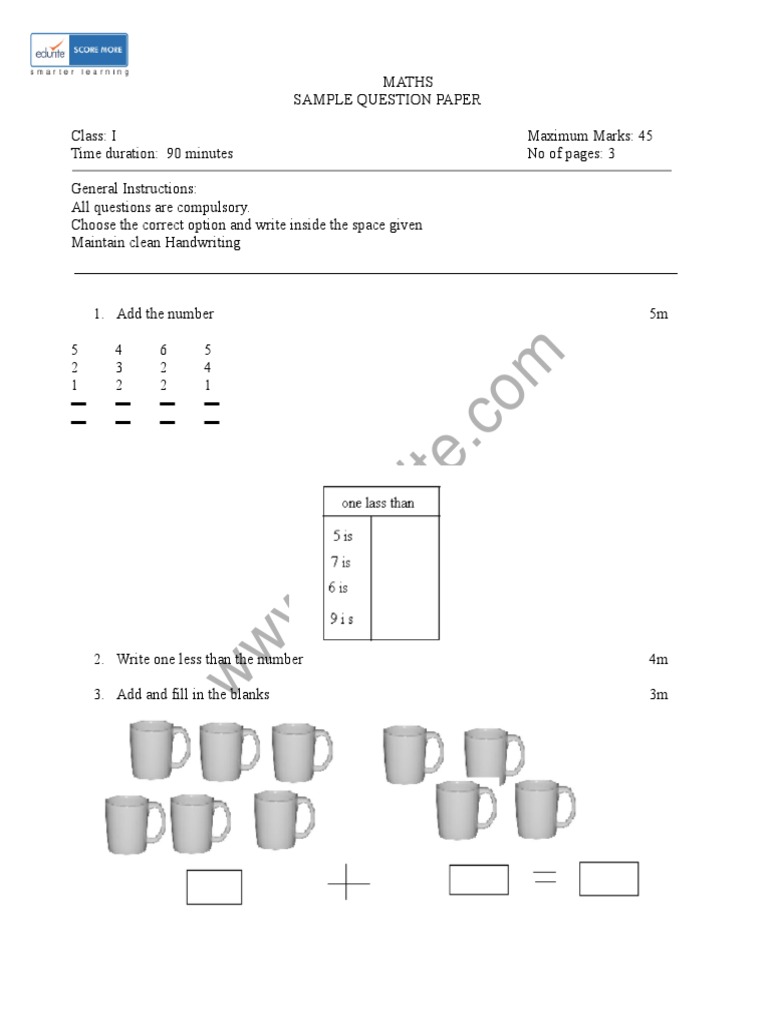 Class 1 ICSE Maths Question Paper | PDF