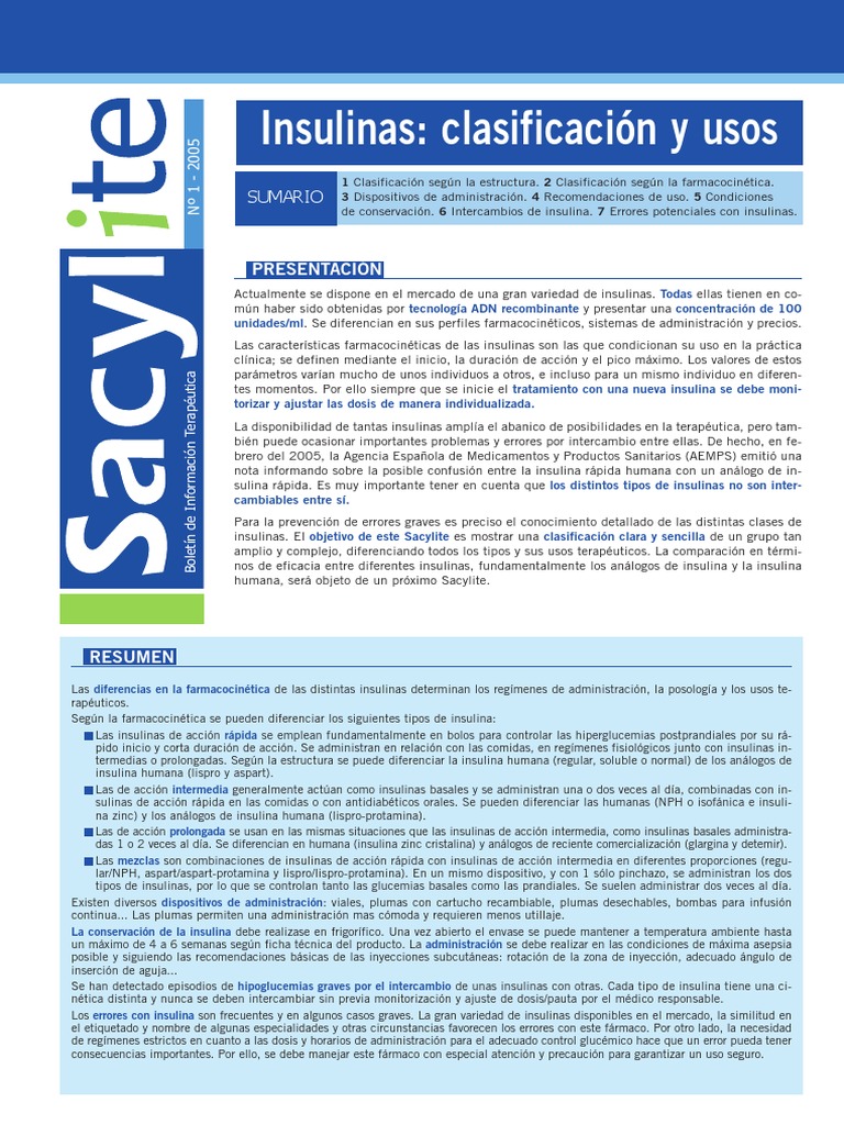 Insulinas Clasificacion PDF | PDF | Insulina | Farmacocinética