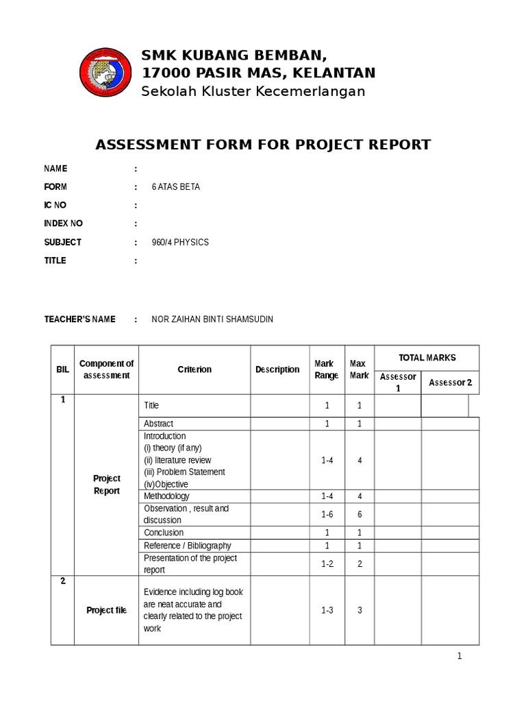 Assessment Form For Project Report | PDF | Educational Technology ...