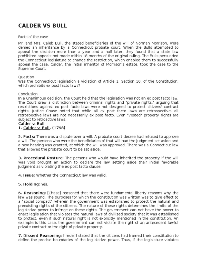 Calder Vs Bull: Facts of The Case | PDF | Ex Post Facto Law | Natural ...