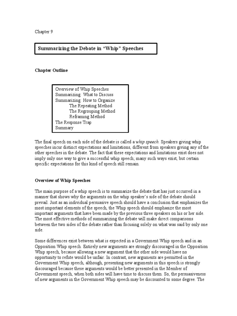 Summarizing the Debate Whip Speeches RT | Argument | Reason | Free 30 ...