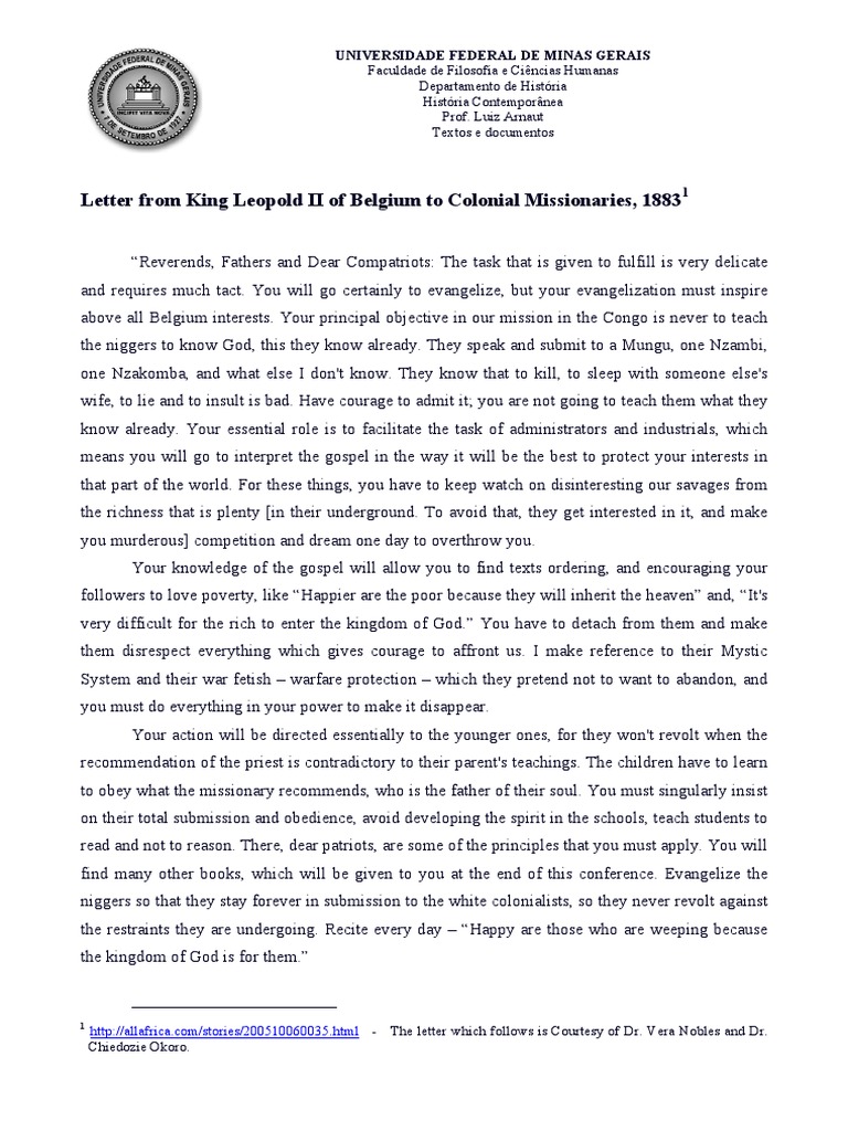 Letter Leopold II To Colonial Missionaries PDF | PDF