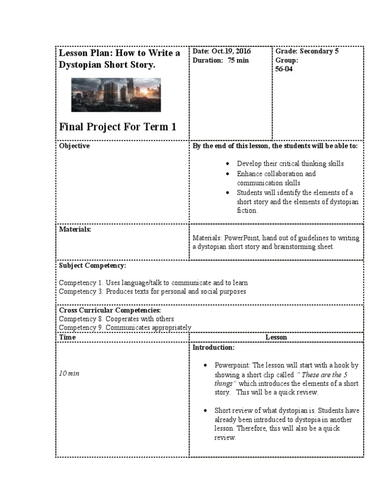 Final Project For Term 1: Lesson Plan: How To Write A Dystopian Short ...