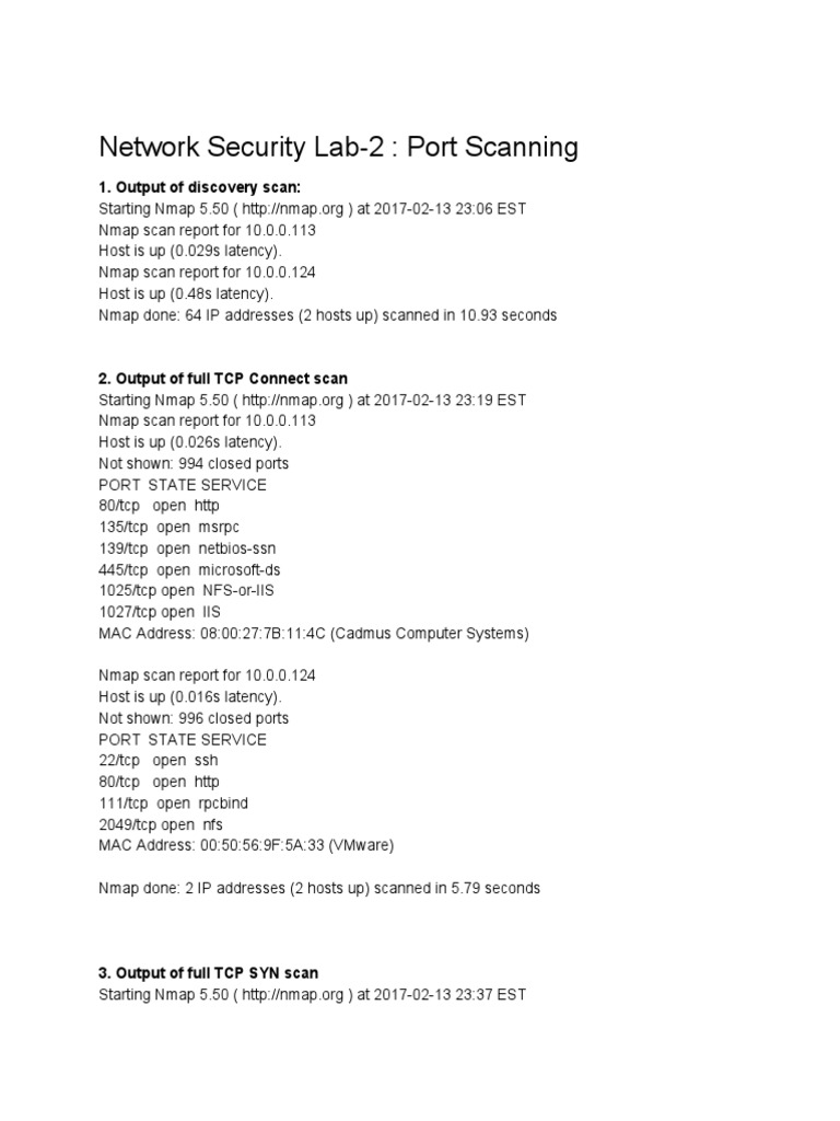 Network Security Lab-2: Port Scanning: 1. Output of Discovery Scan | Download Free PDF | Port ...