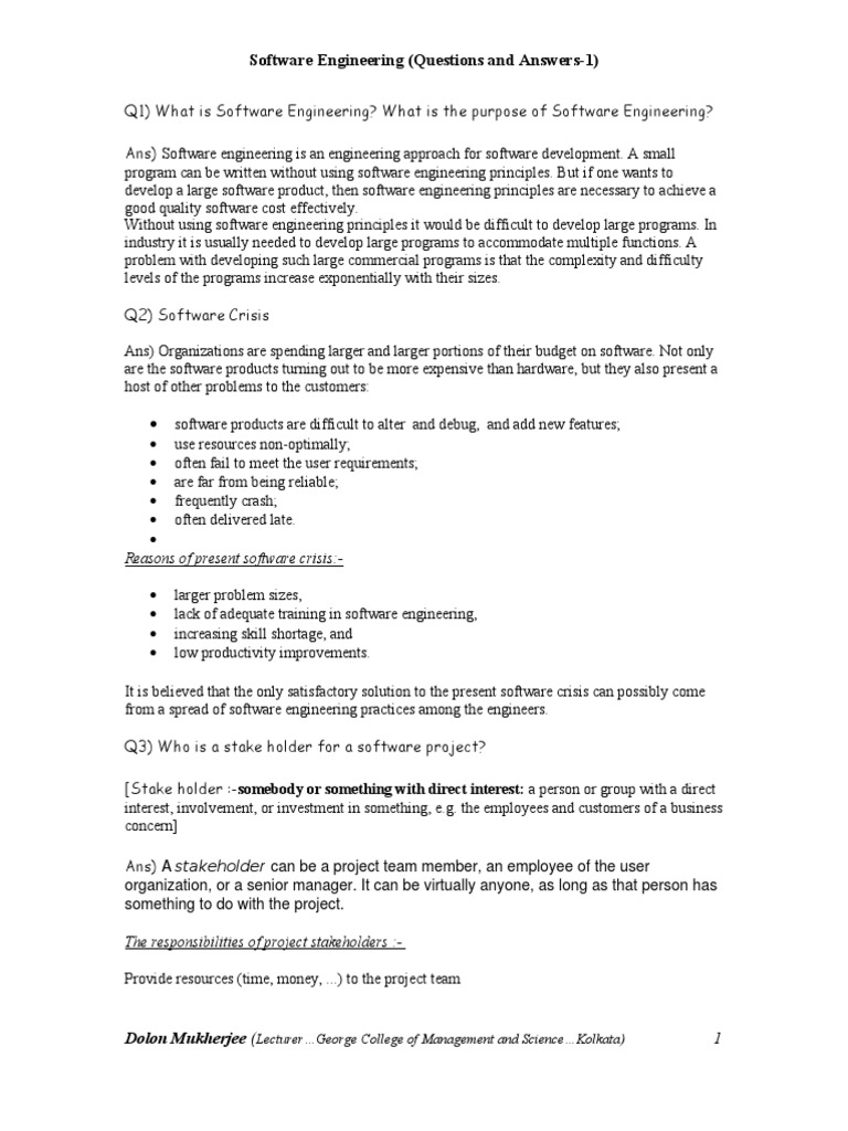 Software and Engineering (Questions and Answers-1) | PDF | Iso 9000 ...