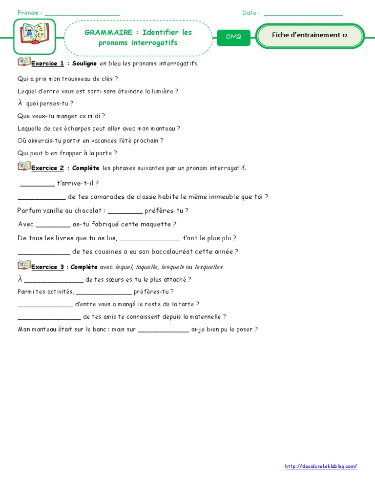 Exercices sur les pronoms interrogatifs | PDF | Pronom | Typologie ...