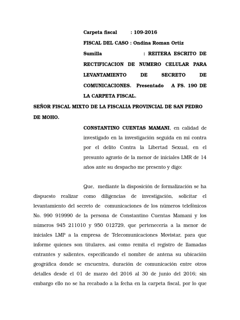 Escrito Levantamiento de Secreto de Comunicaciones | PDF | Instituciones sociales | Ciencias ...