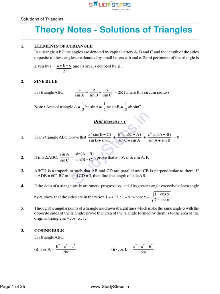 Solution of Triangles Theory Notes Math PDF | PDF | Sine ...