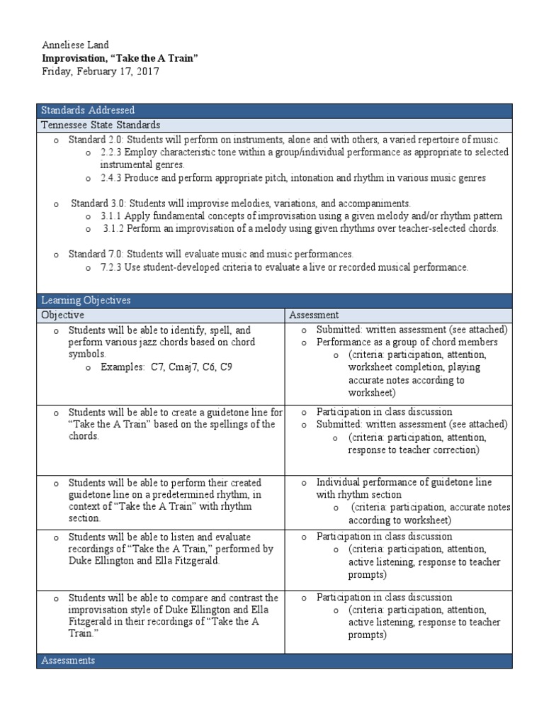 Jazz Improvisation Lesson Plan 2 17 17 | PDF | Educational Assessment ...