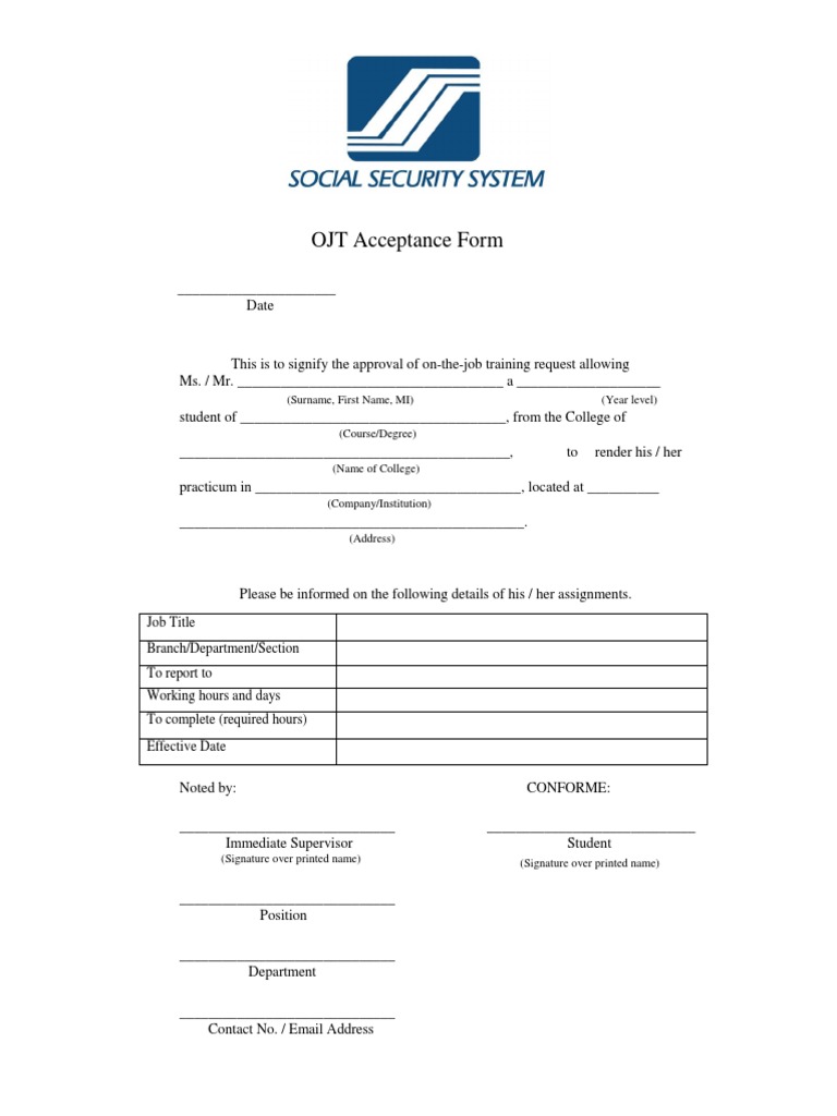OJT Acceptance Form: (Surname, First Name, MI) (Year Level) | PDF