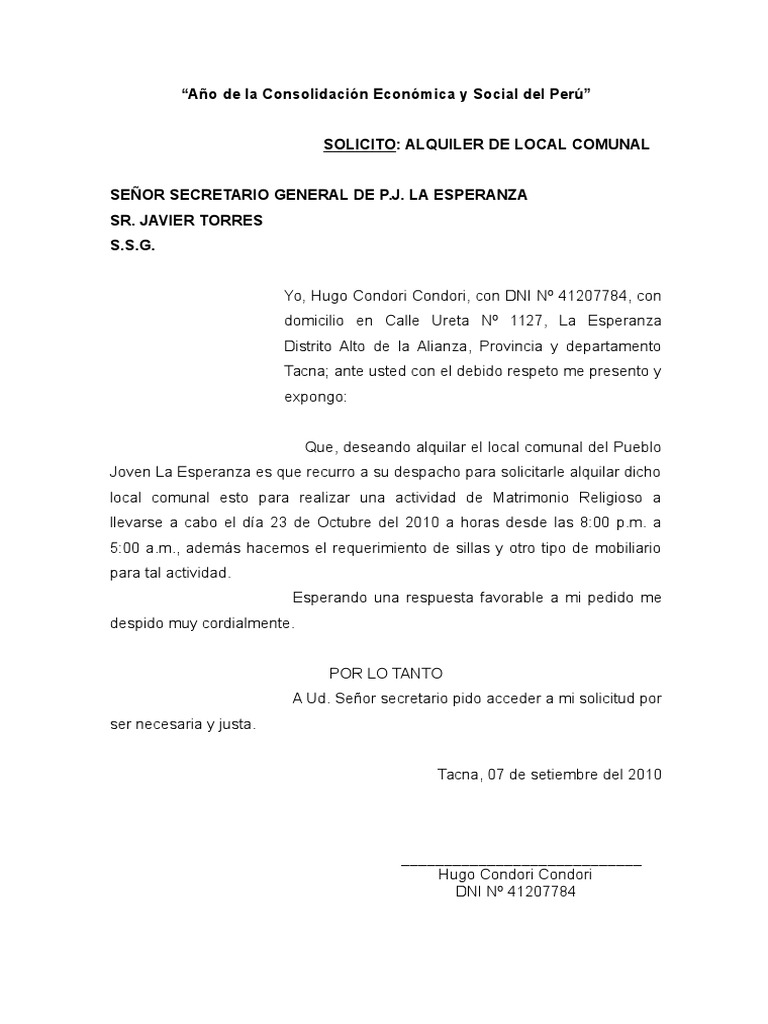 Solicitud de Alquiler de Local Comunal | PDF