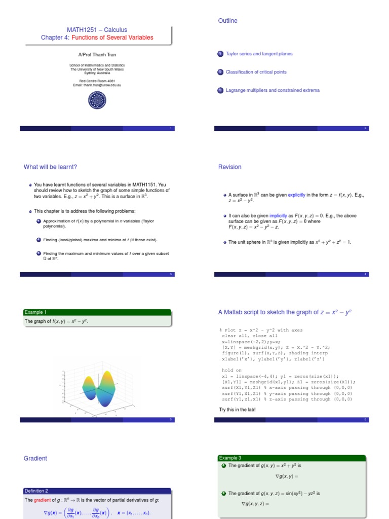 Functions of Several Variables: MATH1251 - Calculus Outline | PDF | Maxima And Minima ...