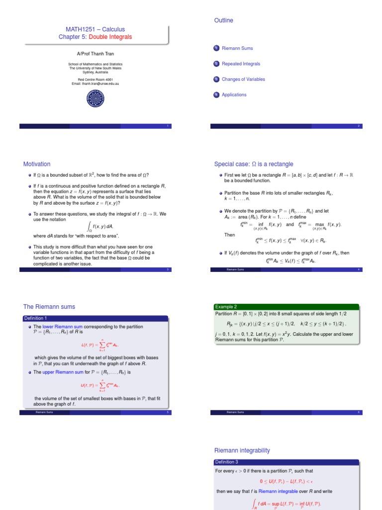 Double Integrals: MATH1251 - Calculus Outline | PDF | Integral | Summation