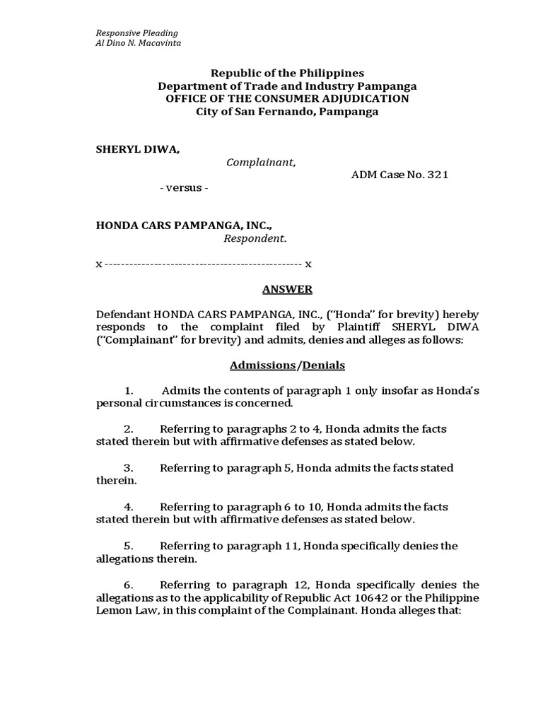 Responsive Pleading | PDF | Pleading | Plaintiff