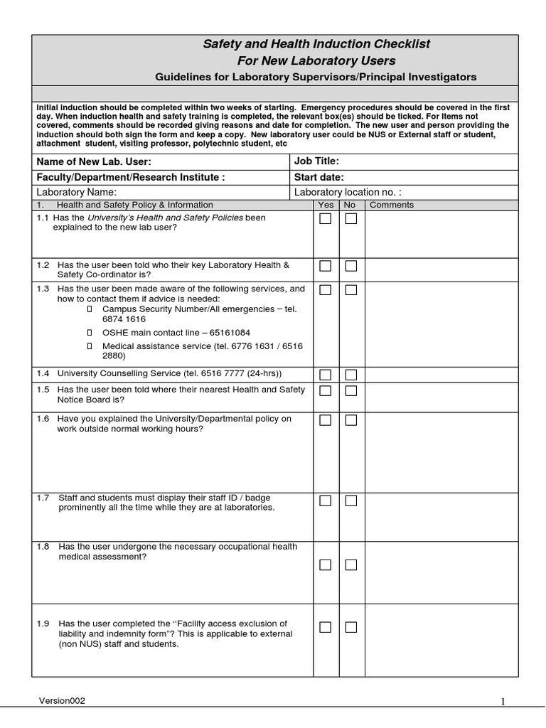 Checklist Safety and Health Induction For New Laboratory Users | PDF ...
