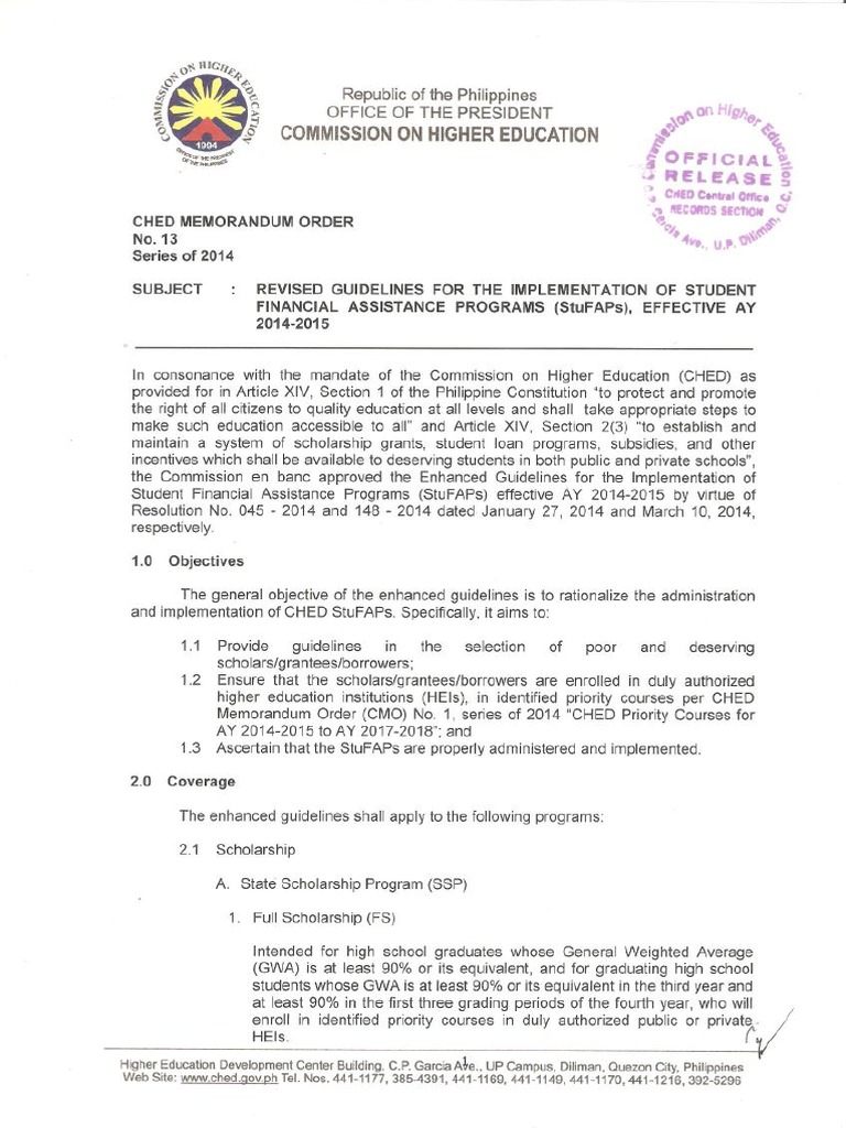 CMO No. 13 S. 2014 Revised Guidelines for the Implementation of StuFAPs ...