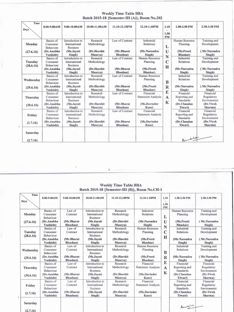 BBA Semester-III Weekly Timetable | PDF