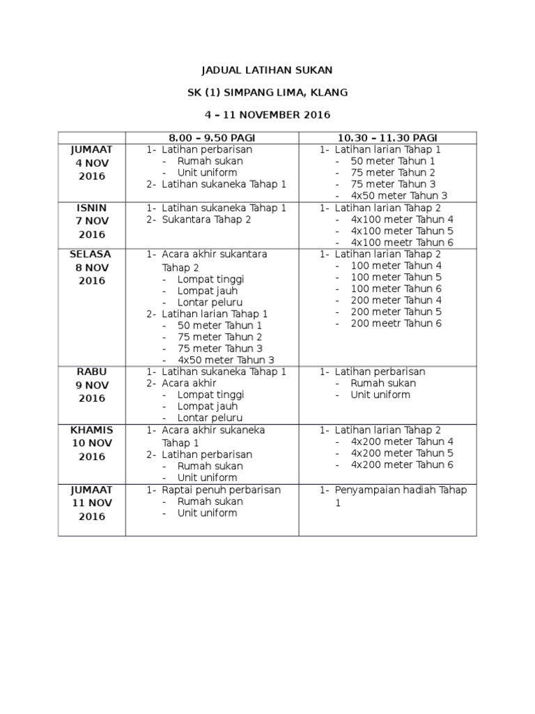 Jadual Latihan Sukan | PDF