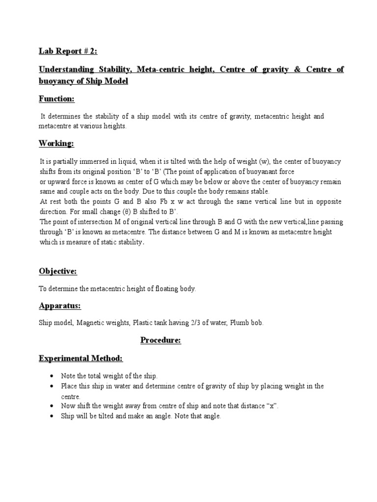 Lab Report # 2: Understanding Stability, Meta-Centric Height, Centre of ...