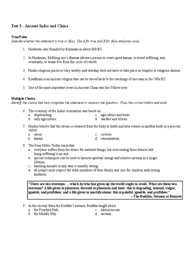 Test 3 - Ancient India and China | PDF | Reincarnation | Karma