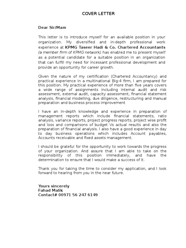 Cover Letter Fahad Malik KPMG | PDF