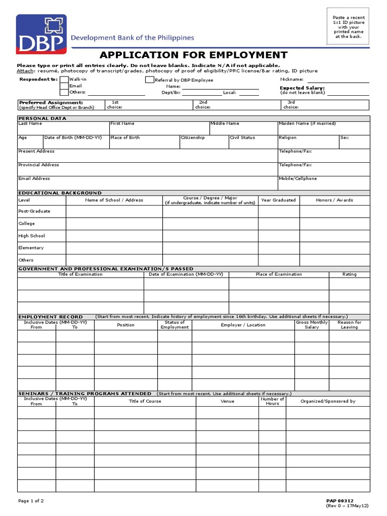 DBP Application For Employment | PDF | Marriage | Government Information