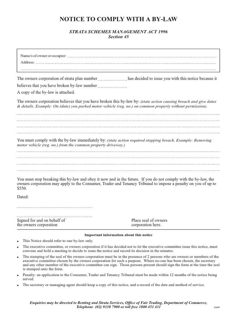 Notice To Comply With A By-Law: Strata Schemes Management Act 1996 ...