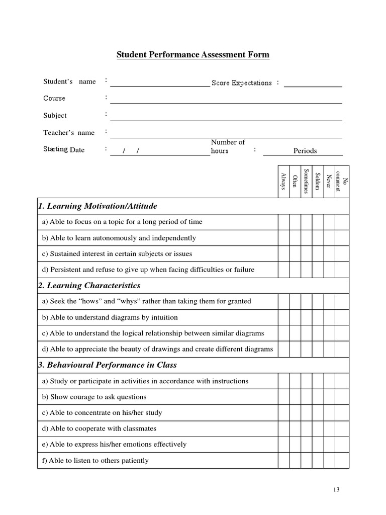 Student Assessment Form | Educational Assessment | Leadership