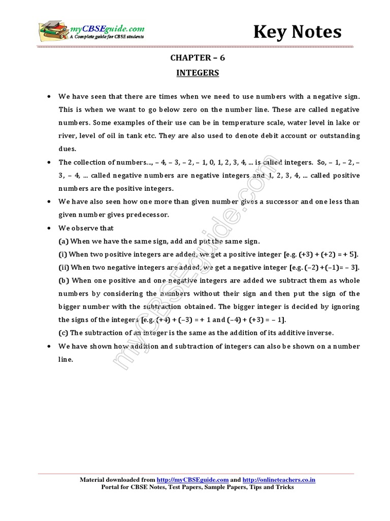 Chapter - 6 Integers: Material Downloaded From and Portal For CBSE ...