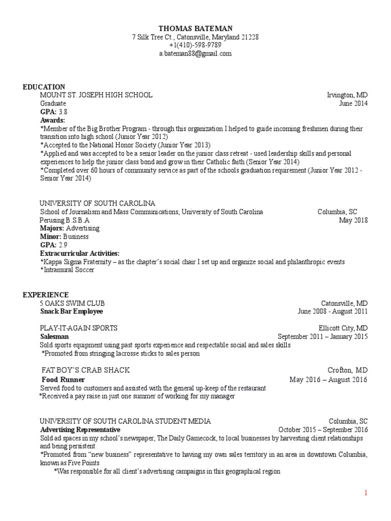 Thomas Alexander Bateman Resume 2017 | PDF | Advertising | Schools