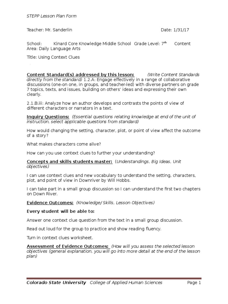 Downriver Lesson Plan 1 | PDF | Lesson Plan | Educational Assessment