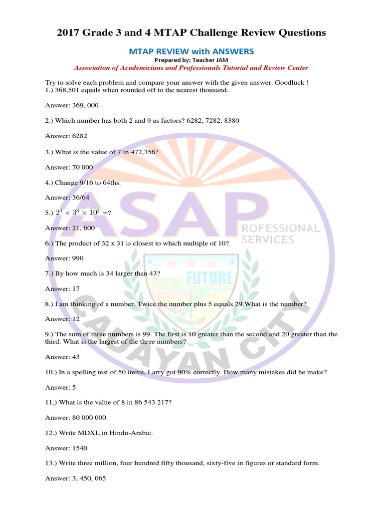 Grade 3-4 MTAP Math Review 2017 | PDF | Area | Celsius