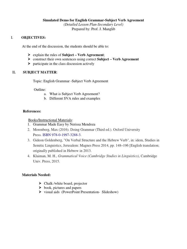 Subject-Verb Agreement Lesson Plan | PDF | Grammatical Number | Plural