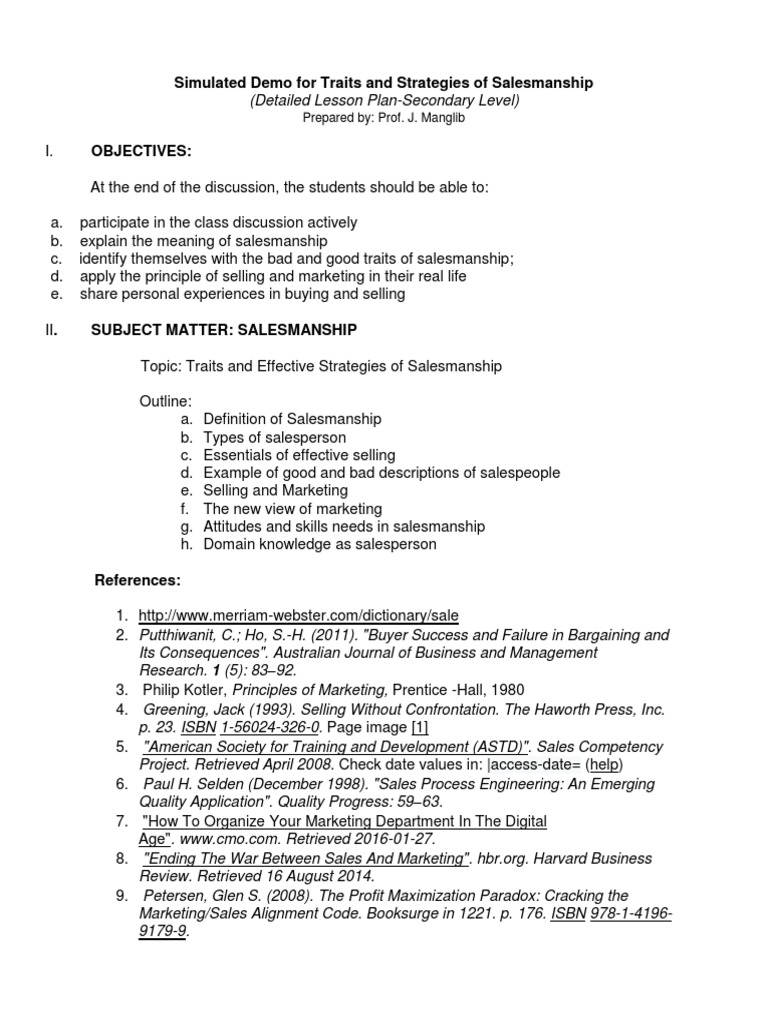 Detailed Lesson Plan Effective Strategies of Salesmanship | PDF | Sales ...