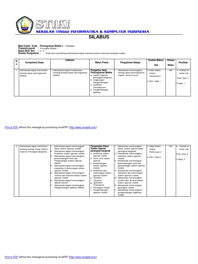 S1 Silabus Pemrograman Mobile 1 | PDF