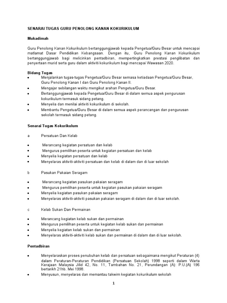 Tugas Guru Penolong Kanan Kokurikulum | PDF