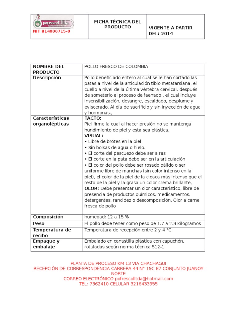 Ficha Tecnica de Pollo | PDF | Carne | Alimentos