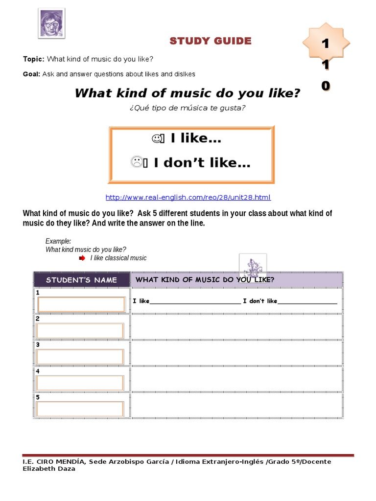 Ficha de Trabajo: What Kind of Music Do You Like? | PDF | Jamaican ...