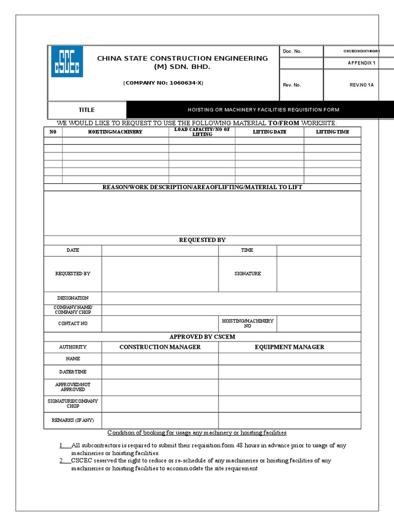 Hoisting Facilities Requisition Form | PDF | Industries | Government