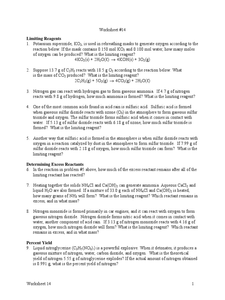 Limiting Reagents Percent Yield Worksheet | Download Free PDF ...