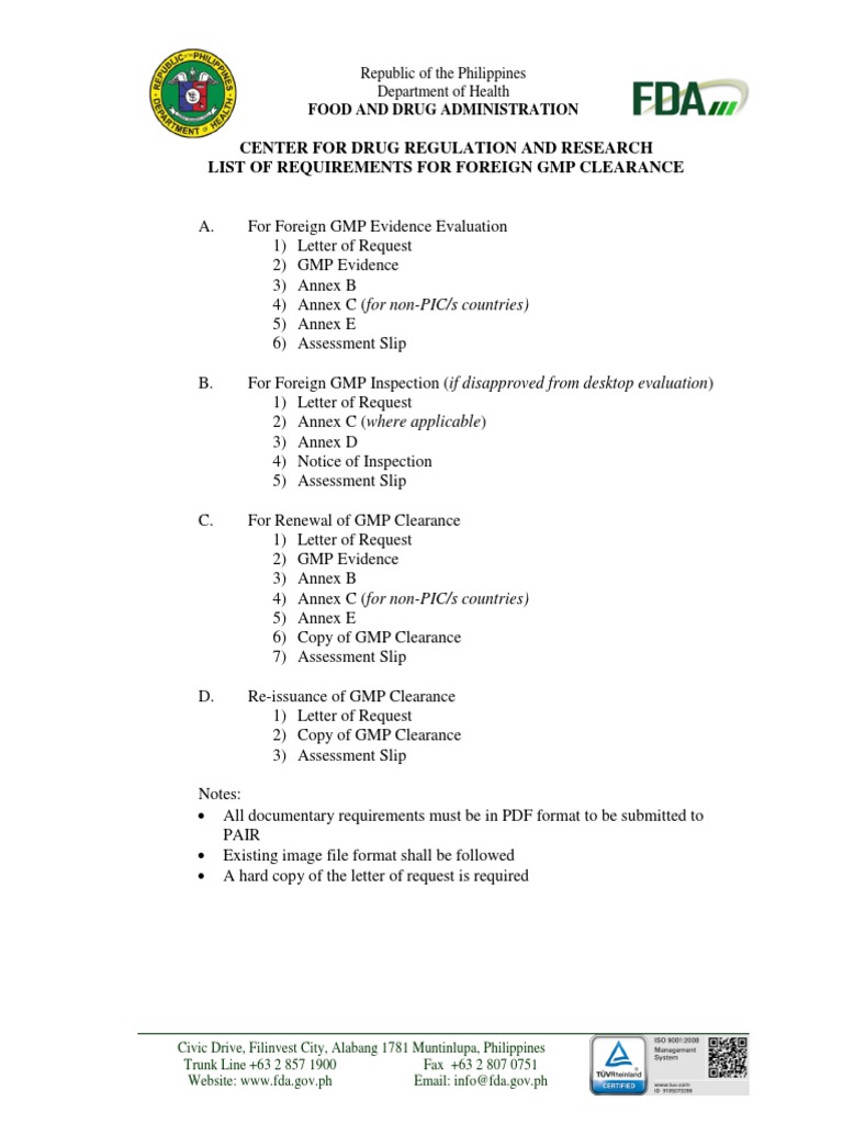 List of Requirements For Foreign GMP Clearance | PDF | Law