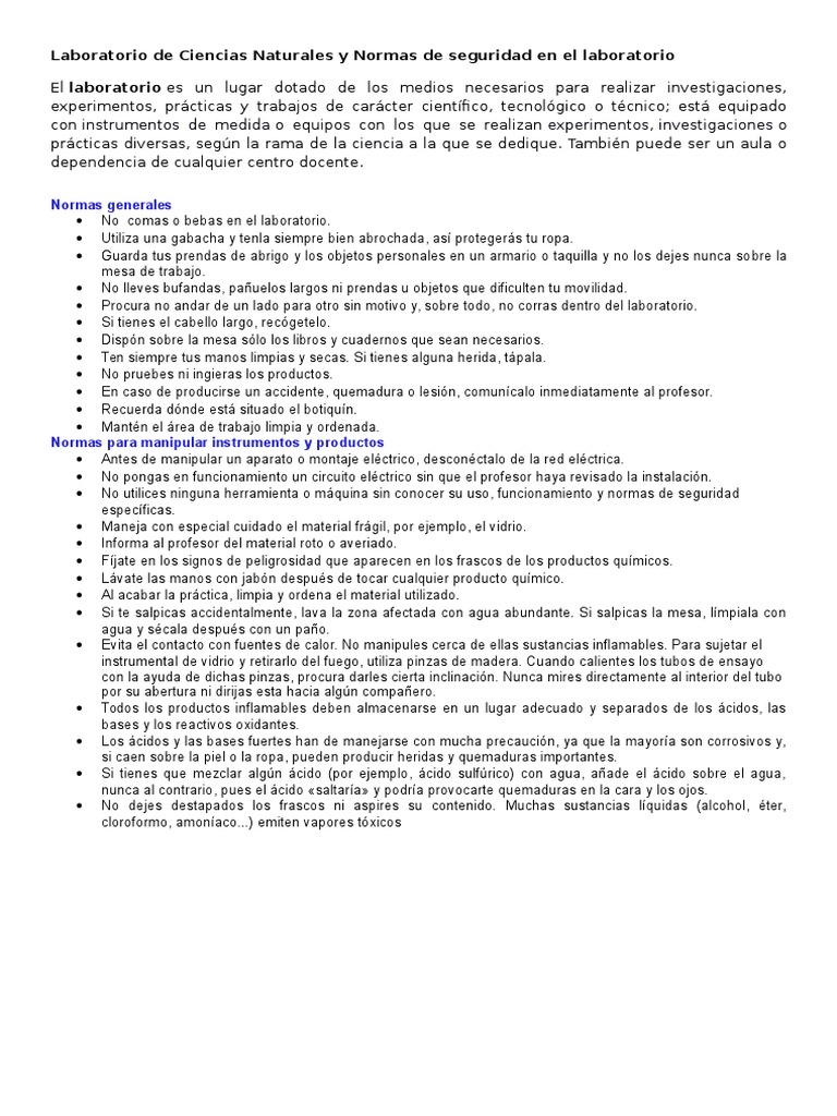 Hojas De Trabajo Sobre Seguridad En El Laboratorio De Ciencias